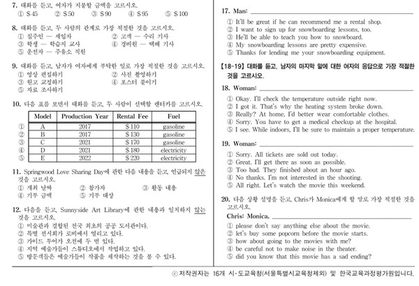 2022전국영어듣기평가 '고1 답안지·문제지' 공개