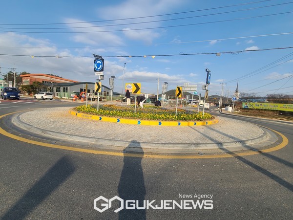 [포토] 함평군 나산면, 설 앞두고 회전교차로 꽃심기 눈길