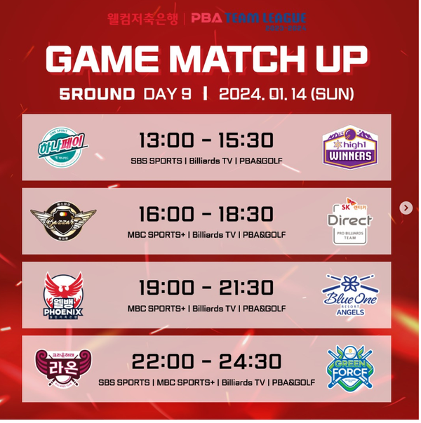 [2024 PBA 팀리그] 14일 경기일정과 생중계 채널
